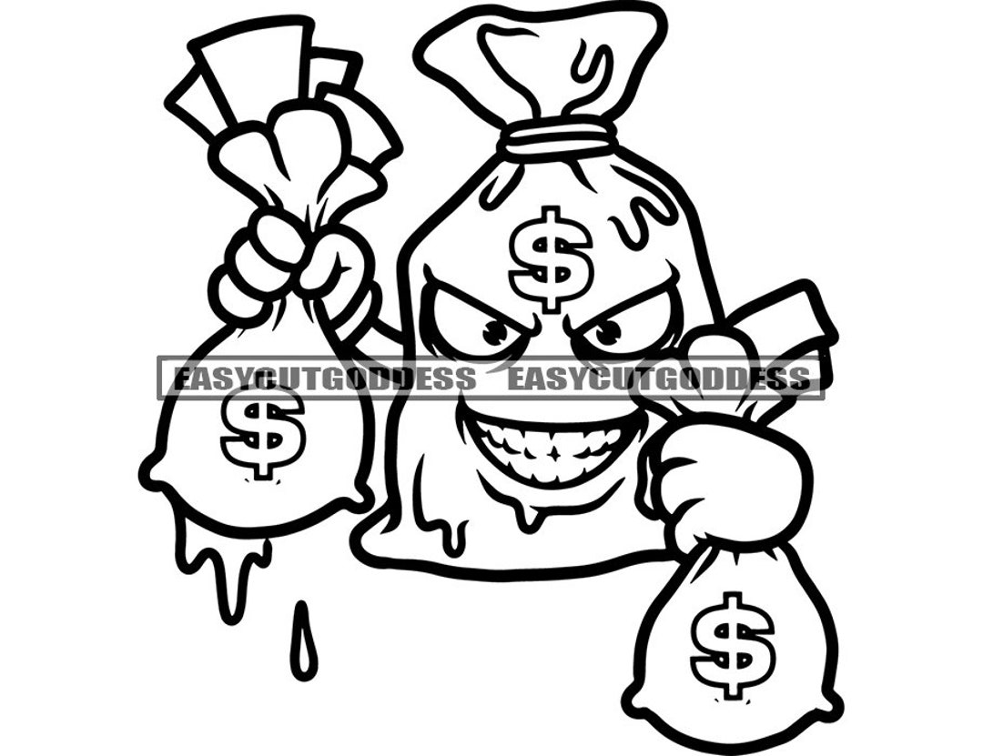 Money Bag Man Cartoon Character Money Bags Dripping Cash Dollar Sign Hustler Grind Sarcastic