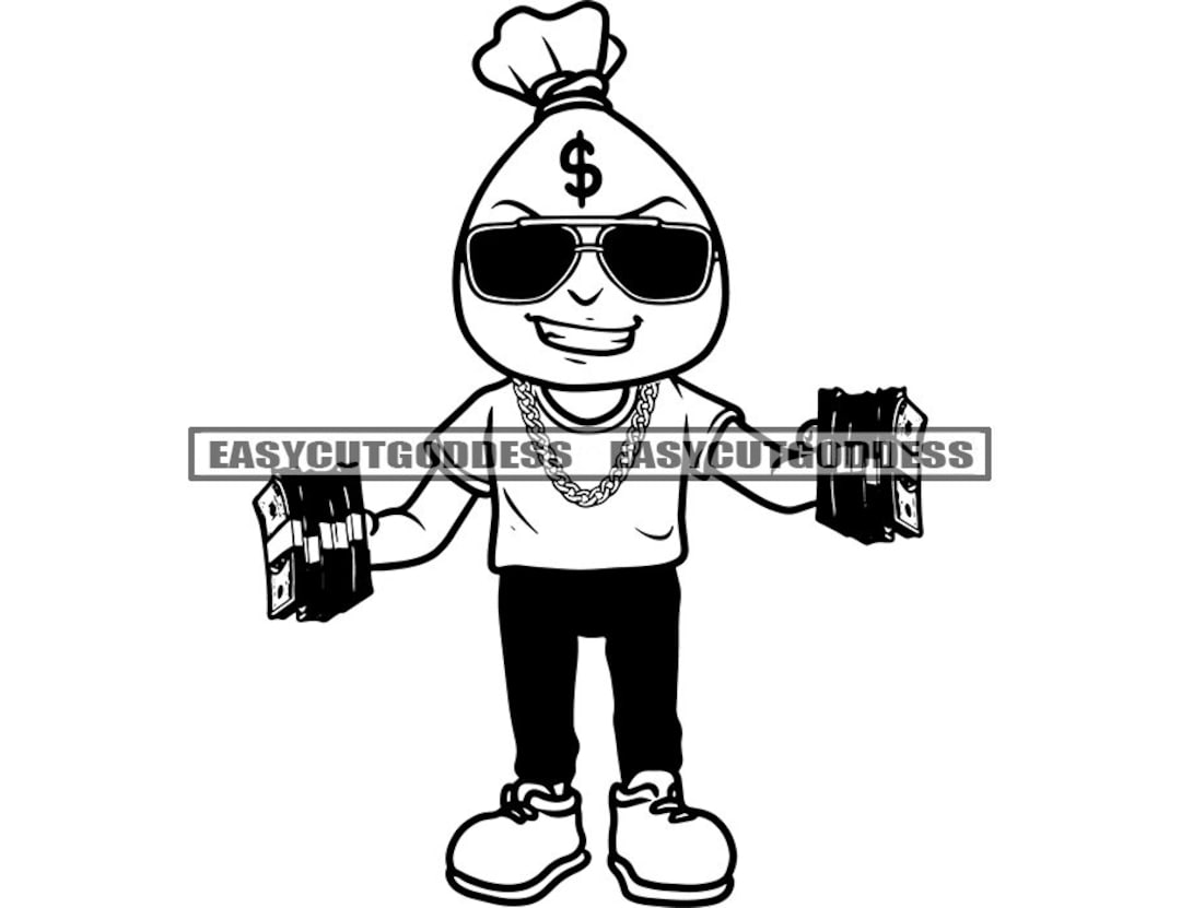 Money Bag Man Cartoon Character Money Stacks Sunglasses Dollar Sign ...