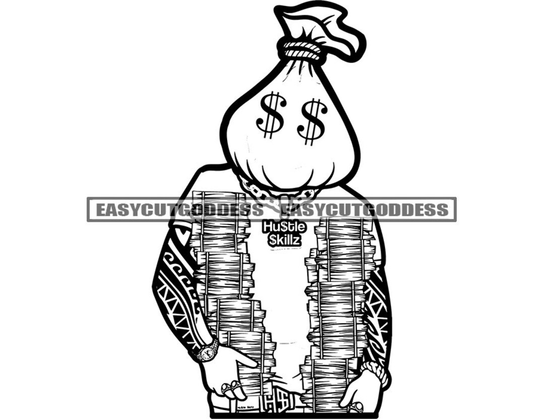 Money Bag Head Man Cartoon Character Money Stacks Dollar Hustle Dinero ...