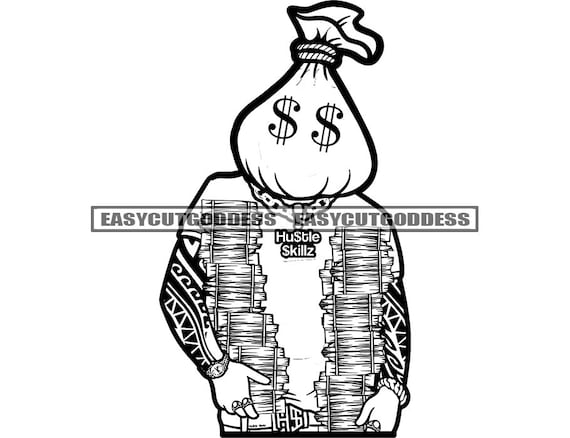 Money Bag Head Man Cartoon Character Money Stacks Dollar - Etsy