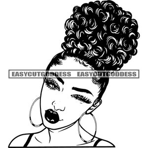 Melanin Beautiful Woman Face Winkey Eyes Messy Bun Hair Hoops Earrings ...