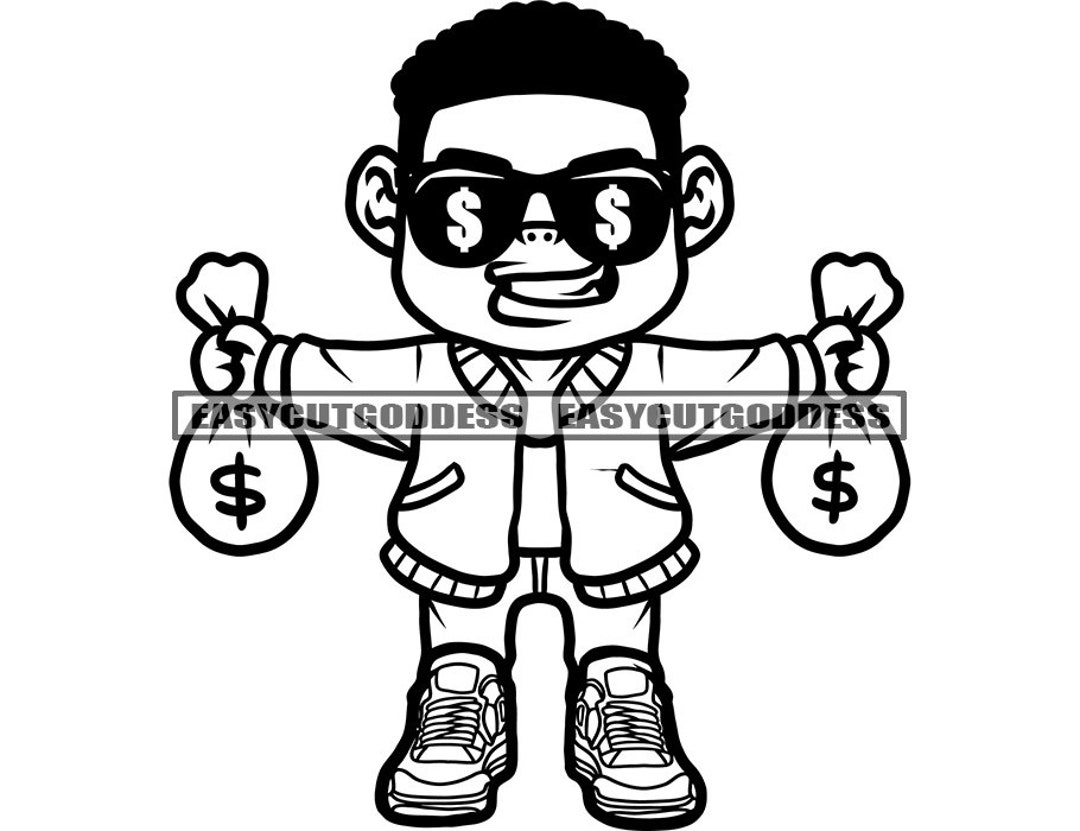 Cartoon Character Man African American Money Bag Stack Glasses Bragging ...