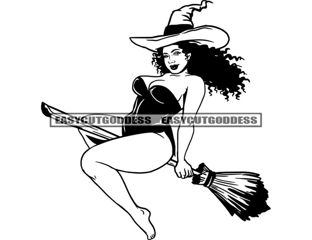 Sexy Witch Flying Broom Halloween Witchcraft Woman Hat Horror Scary Girl Spooky Costume Gothic