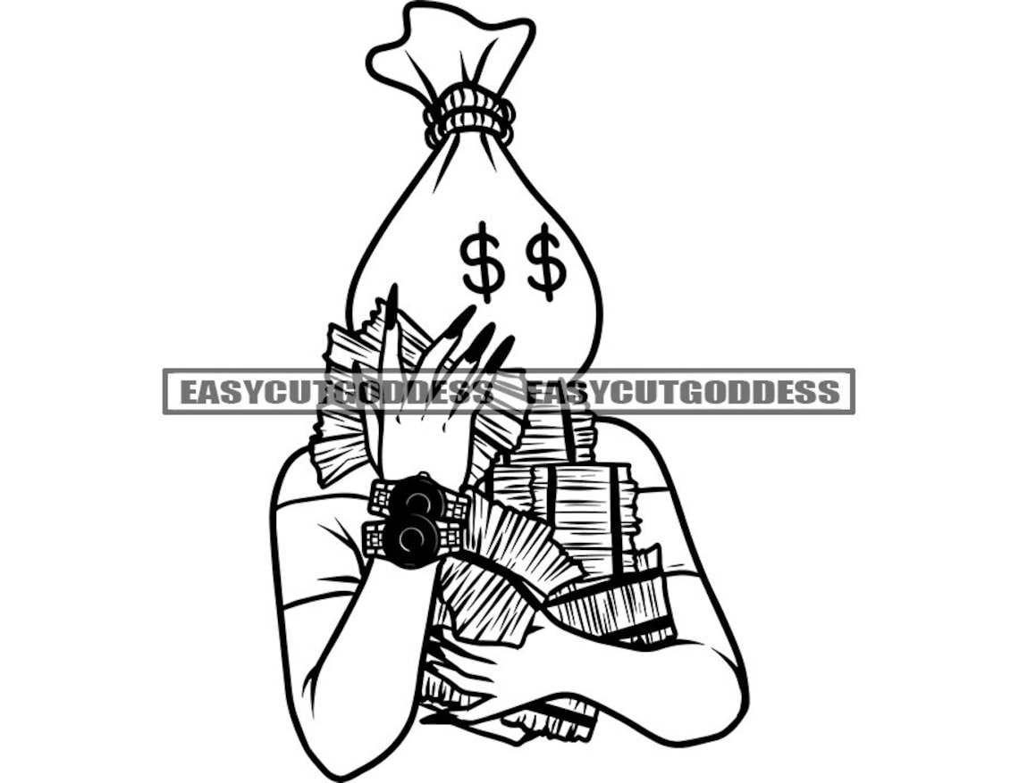 Money Bag Head Cartoon Character Hustler Woman Money Stacks Watches ...
