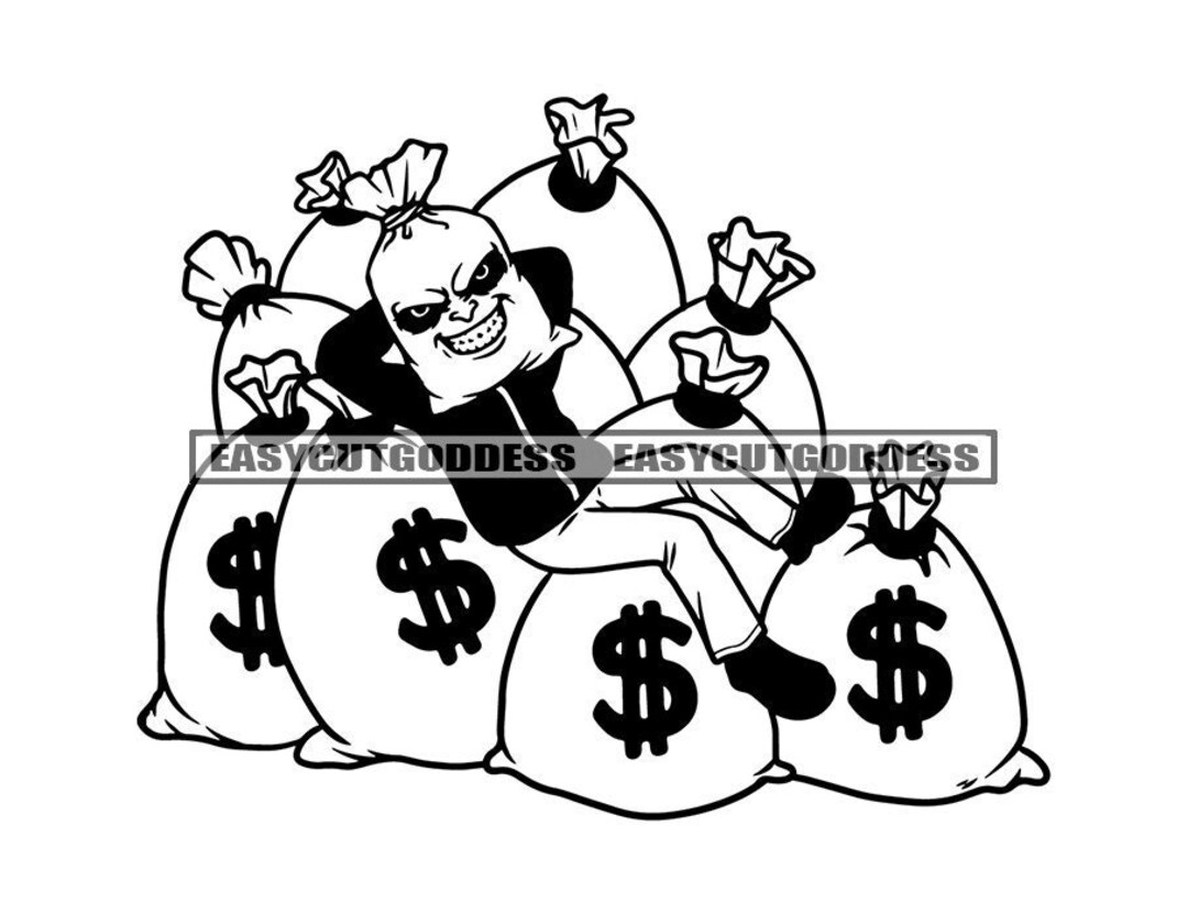 Money Bag Head Man Cartoon Character Bragging Laying Top Bags Full of ...