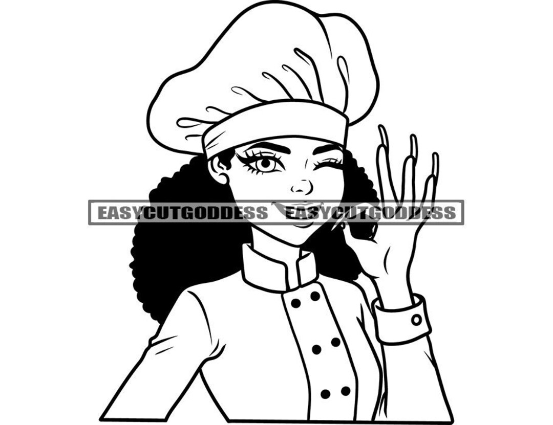 Melanin Woman Chef Winkey Eyes Uniform Hat Cap Culinary Kitchen Cooker ...