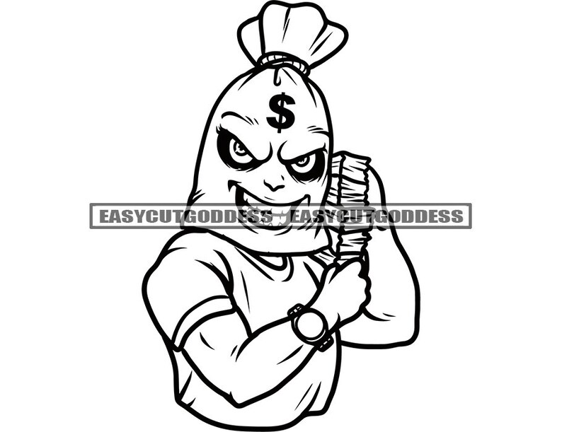 Money Bag Head Man Character Holding Money Stacks Bragging Hustle Cash ...
