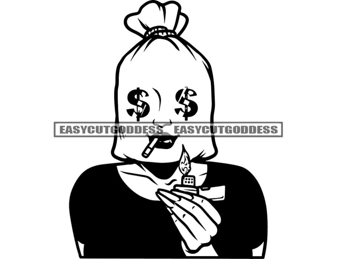 Female Money Bag Head Cartoon Character Smoking Blunt Cigar - Etsy