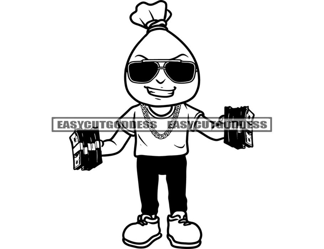 Money Bag Man Cartoon Character Money Stacks Sunglasses Dollar Hustle ...