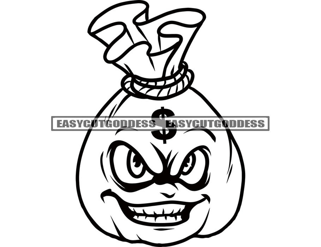Money Bag Head Man Character Evil Sarcastic Smile Dollar Sign Bank ...