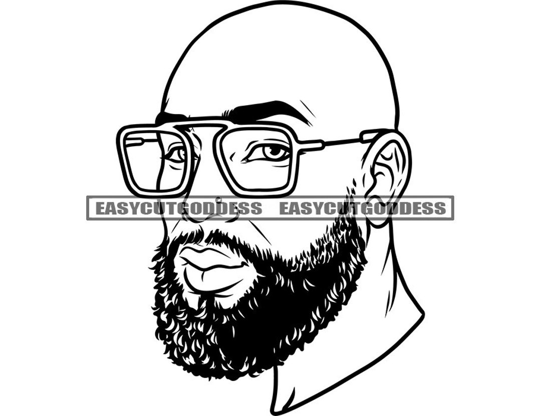 Bearded Black Man Bald Hair Glasses Mustache African American Male Handsome Attractive Masculine