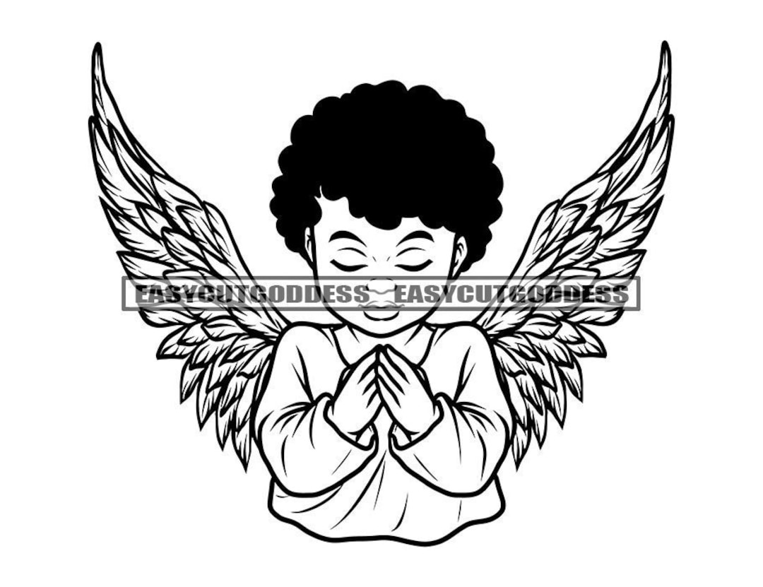 Cute Angel Black Baby Boy Praying God Portrait Afro Hair Wings Fantasy ...