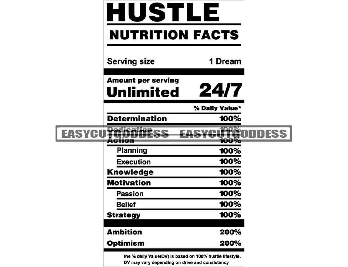 Hustle Nutrition Facts Unlimited 24/7 Grind Hustler Savage Quotes ...