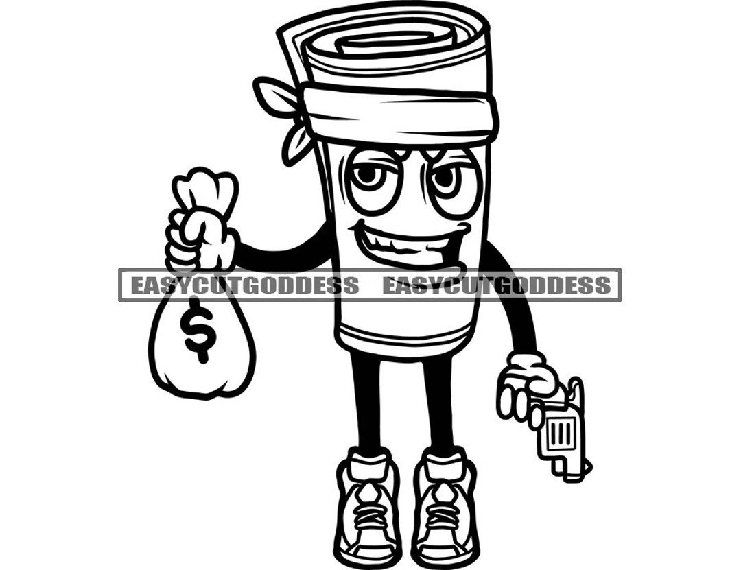 Money Man Cartoon Character Holding Money Bag Handgun Cash Dollar ...