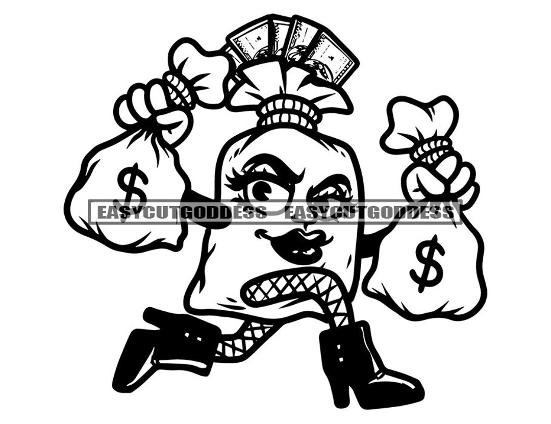 Female Money Bag Cartoon Character Running Bag Full of Cash High Heels ...