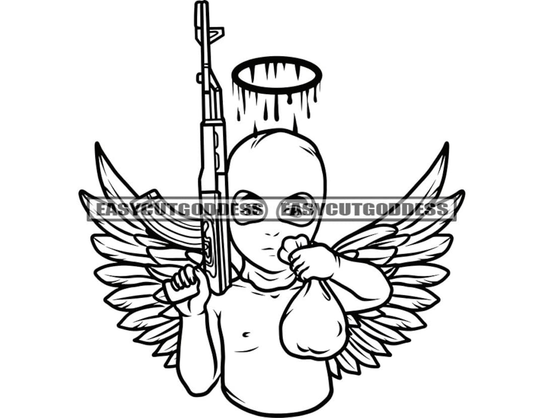 Baby Boy Gangster Angel Carrying Handgun Riffle Weapon Ski Mask Money ...
