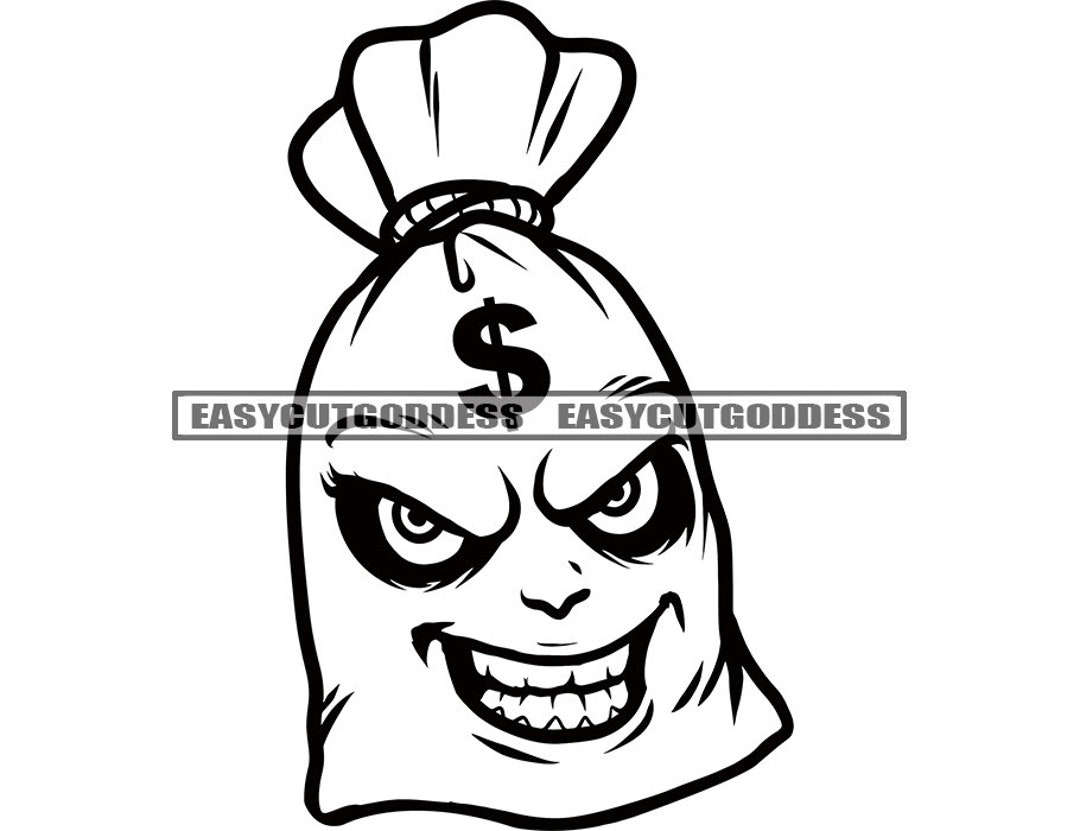 Money Bag Head Man Cartoon Character Sarcastic Smile Dollar Sign Bank ...