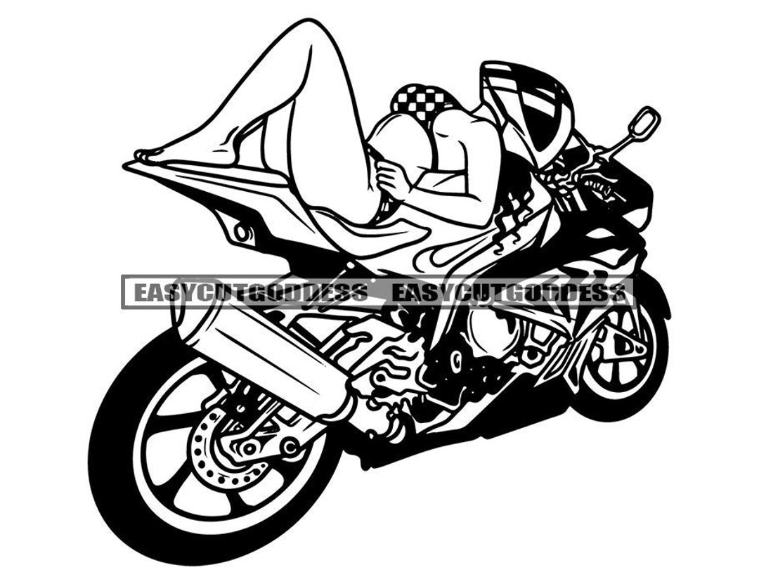 Sexy Biker Woman Laying Sport Bike Bikini Helmet Motorcycle Two Wheels Transportation Speed