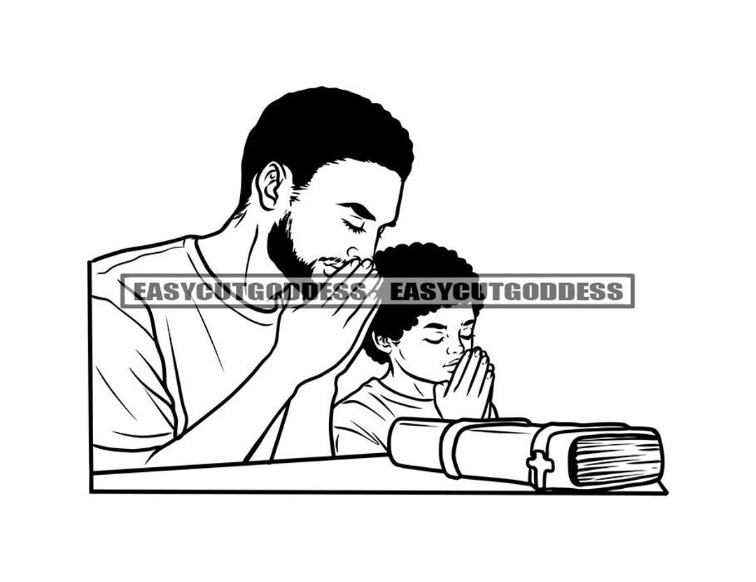 Padre e hijo africanos Orando a Dios Biblia Arrodillarse Oraciones Orar ...