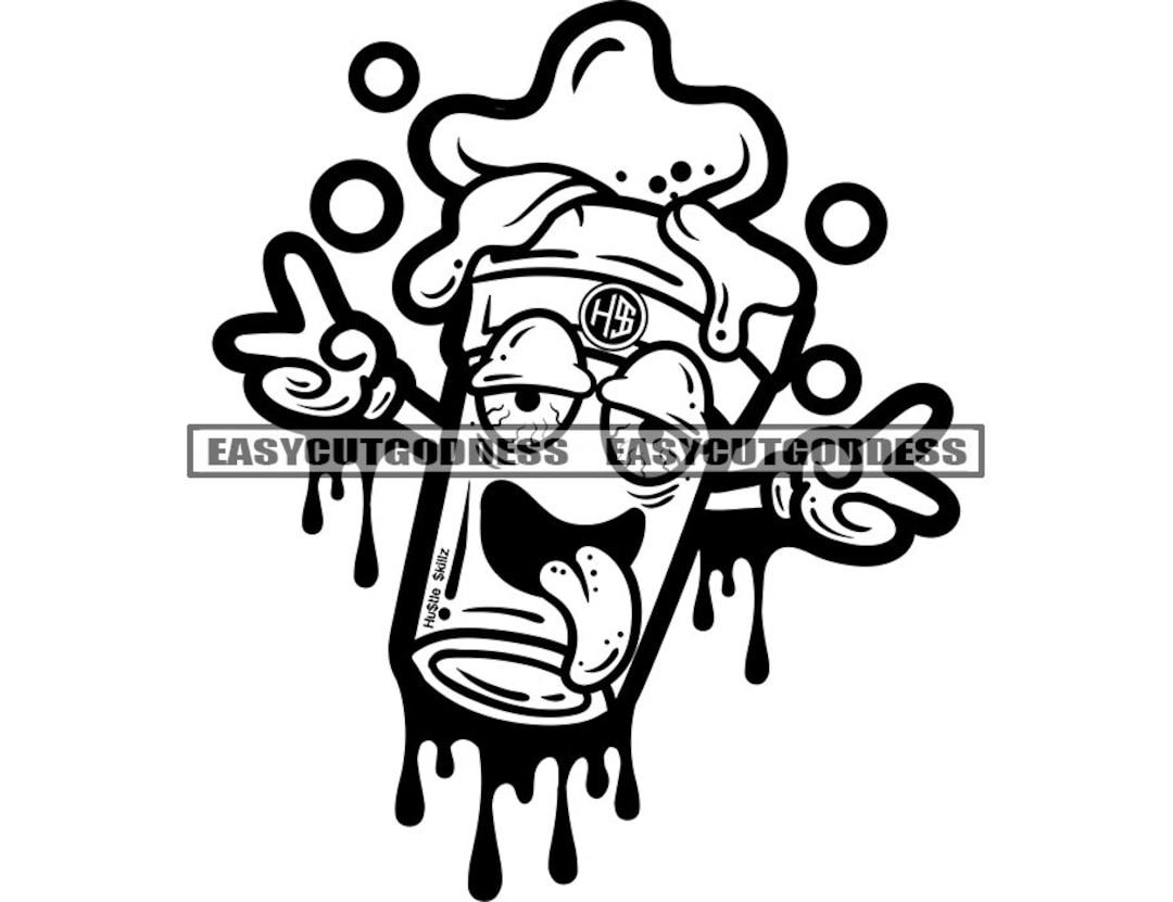 Drunk Cup Cartoon Character Intoxicated Drink Big Eyes Tongue Out Peace ...