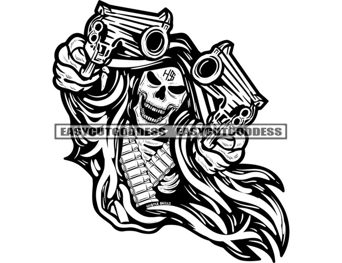 Gangster Grim Reaper Carrying Handguns Bullets Flames Fire - Etsy
