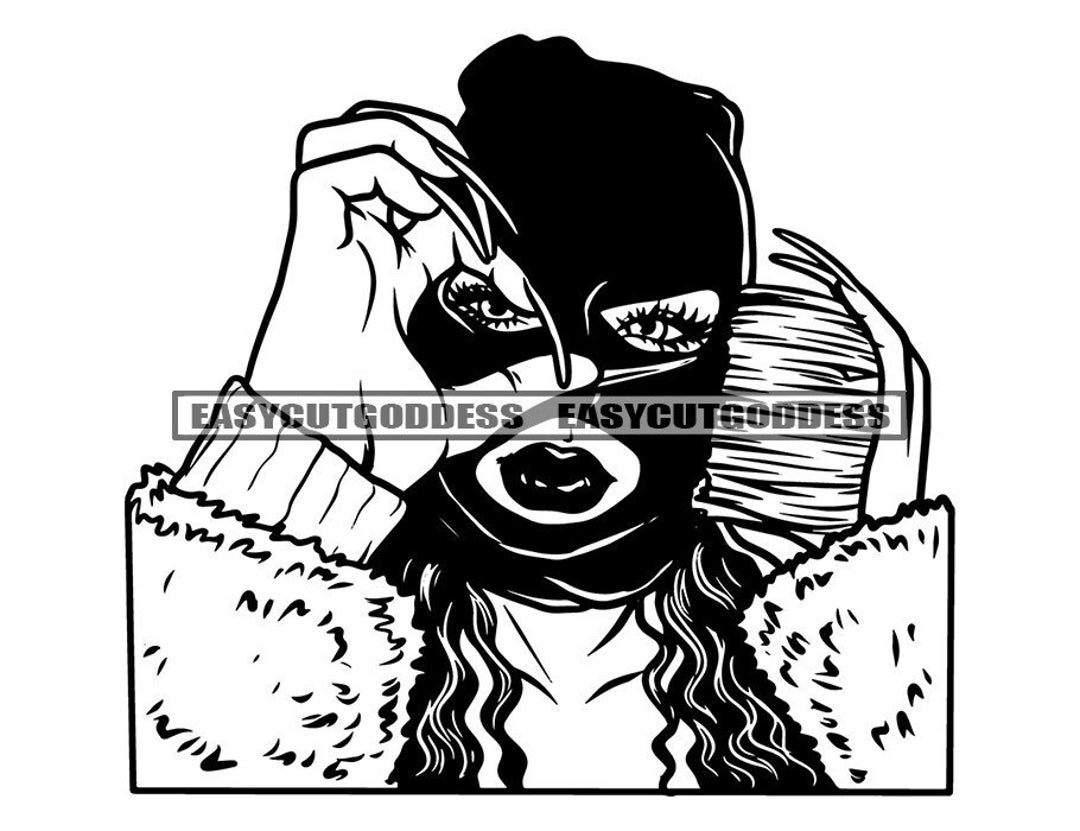 Gangster Woman Wearing Ski Mask Holding Money Stack Bank Street Dope ...