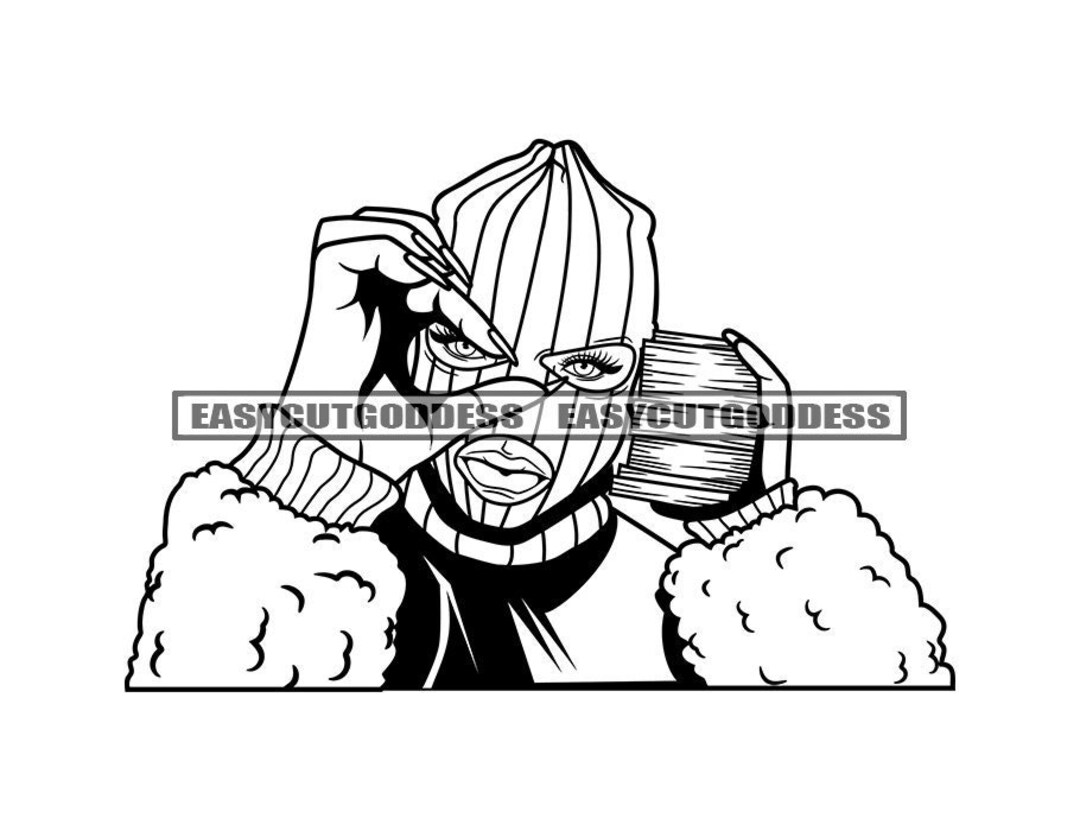 Gangster Woman Wearing Ski Mask Facemask Burglar Carrying Money Stacks ...