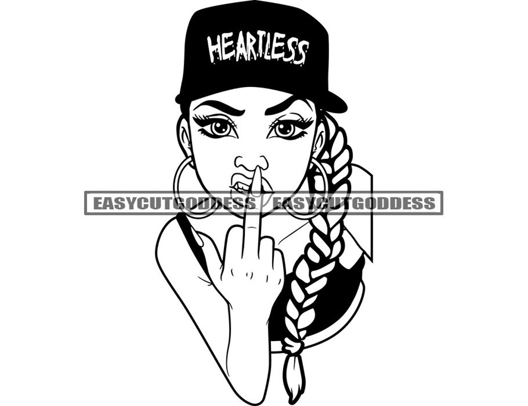 Heartless Melanin Woman Wearing Baseball Hat Middle Finger Long Braids ...