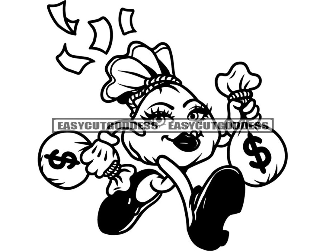 Female Money Bag Cartoon Character Running Holding Money Bags High ...