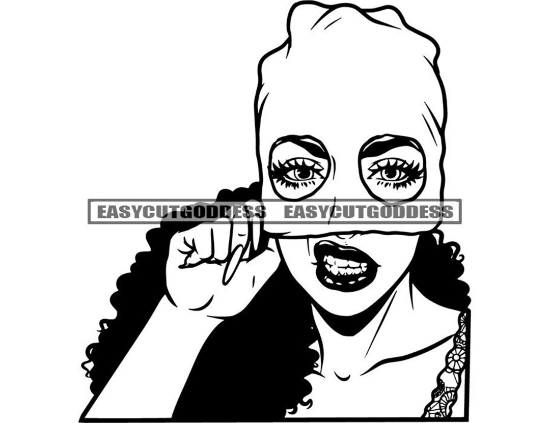 Gangster Woman Ski Mask Mean Face Robber Burglar Curly Hair Tongue Out ...