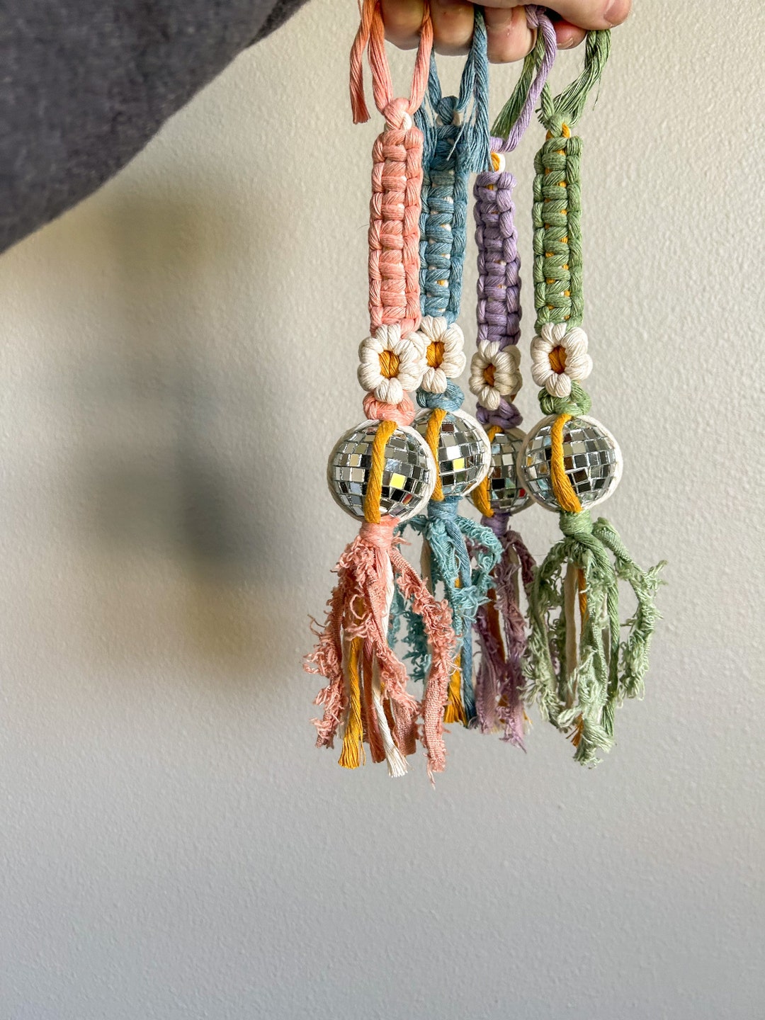 Macrame Daisy Disco Ball Car Charm | Disco Ball Car Charm | Car Charm ...