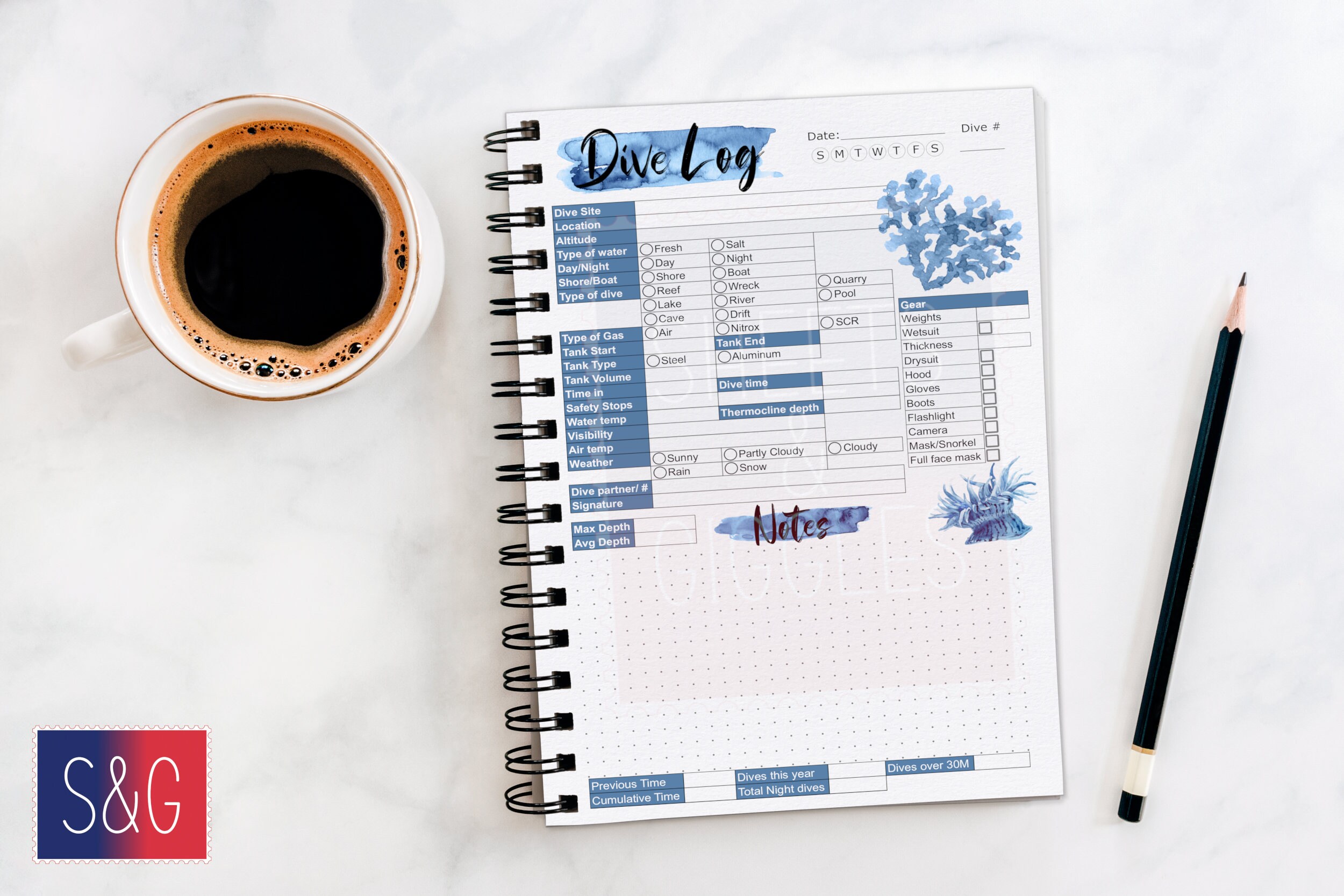 Watercolor Blue Coral Printable Dive Log- Instant Download - Etsy