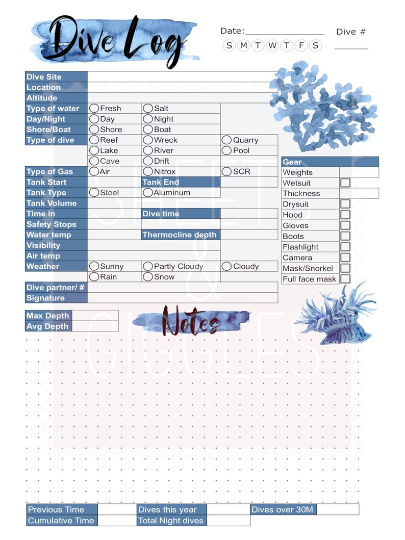 Watercolor Blue Coral Printable Dive Log- Instant Download - Etsy
