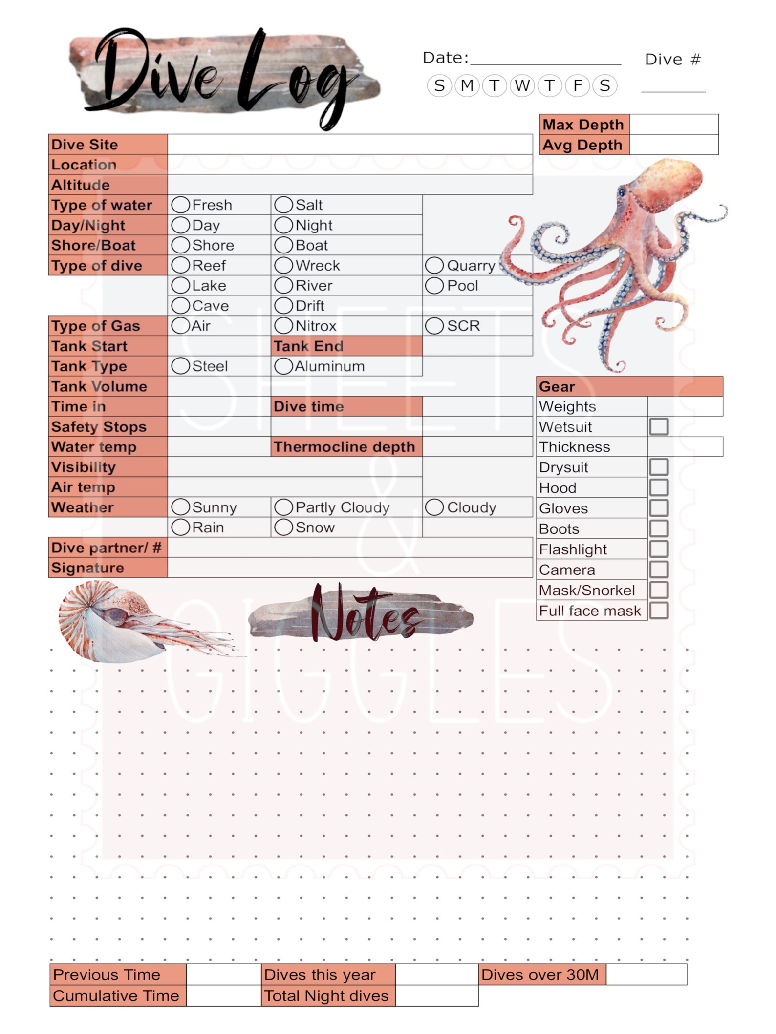 Watercolor Mollusc Printable Dive Log- Instant Download - Etsy