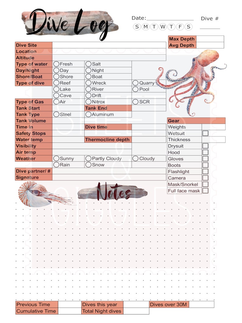 Watercolor Mollusc Printable Dive Log- Instant Download - Etsy