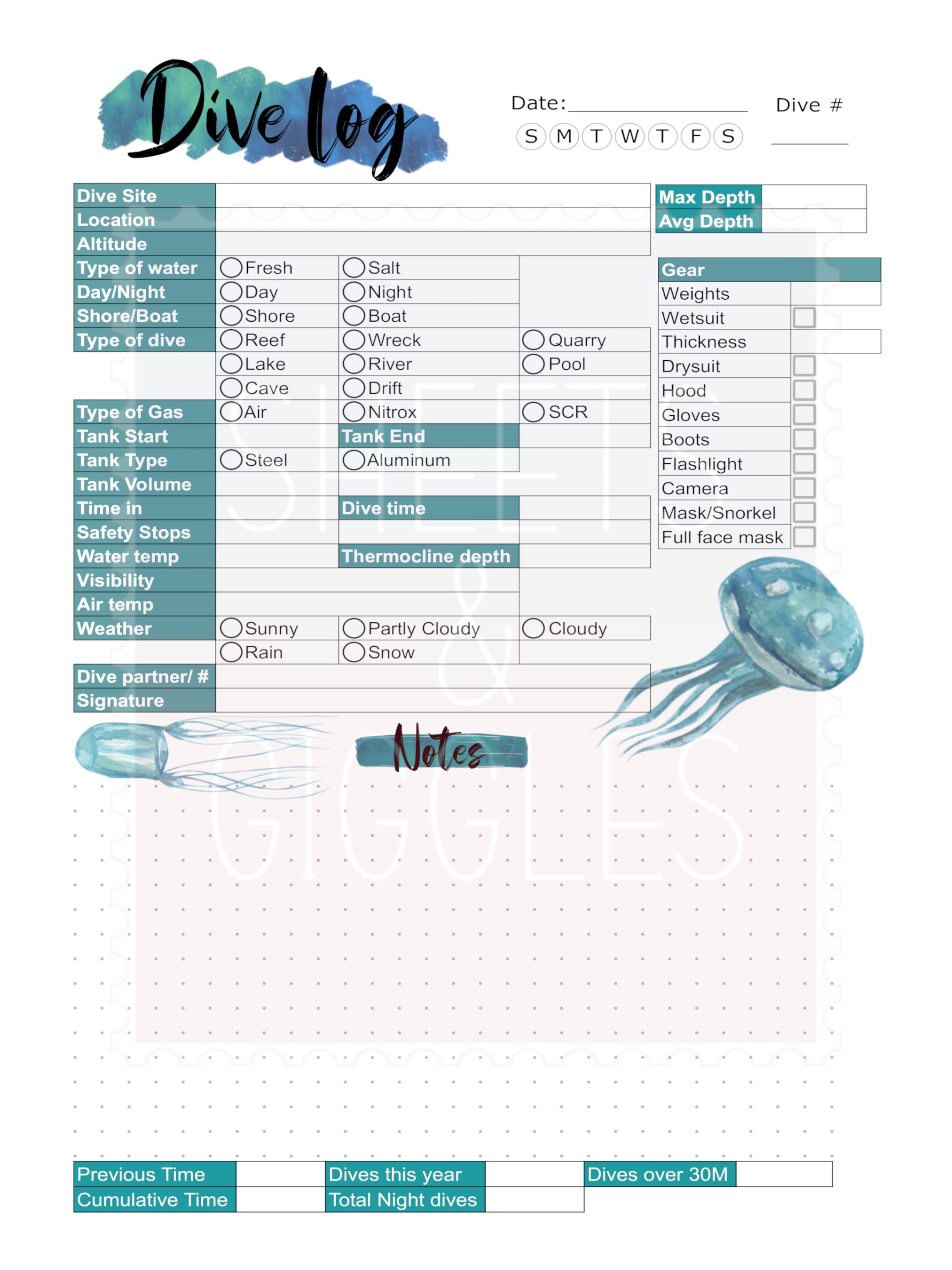 Watercolor Jellyfish Printable Dive Log- Instant Download - Etsy
