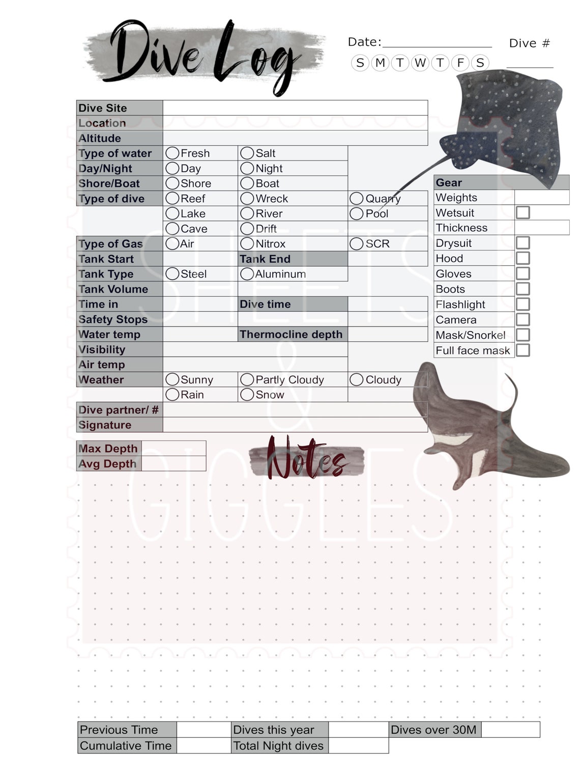 Watercolor Ray Printable Dive Log- Instant Download - Etsy