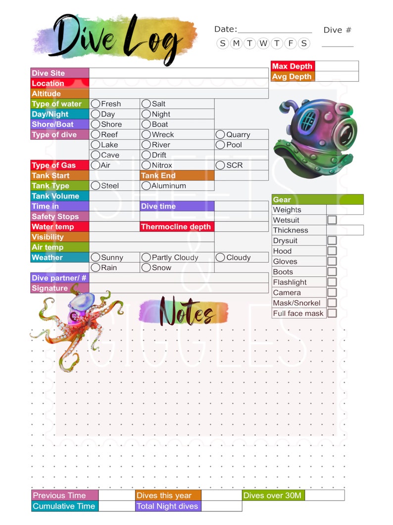 Watercolor Rainbow Nautical Printable Dive Log- Instant Download - Etsy