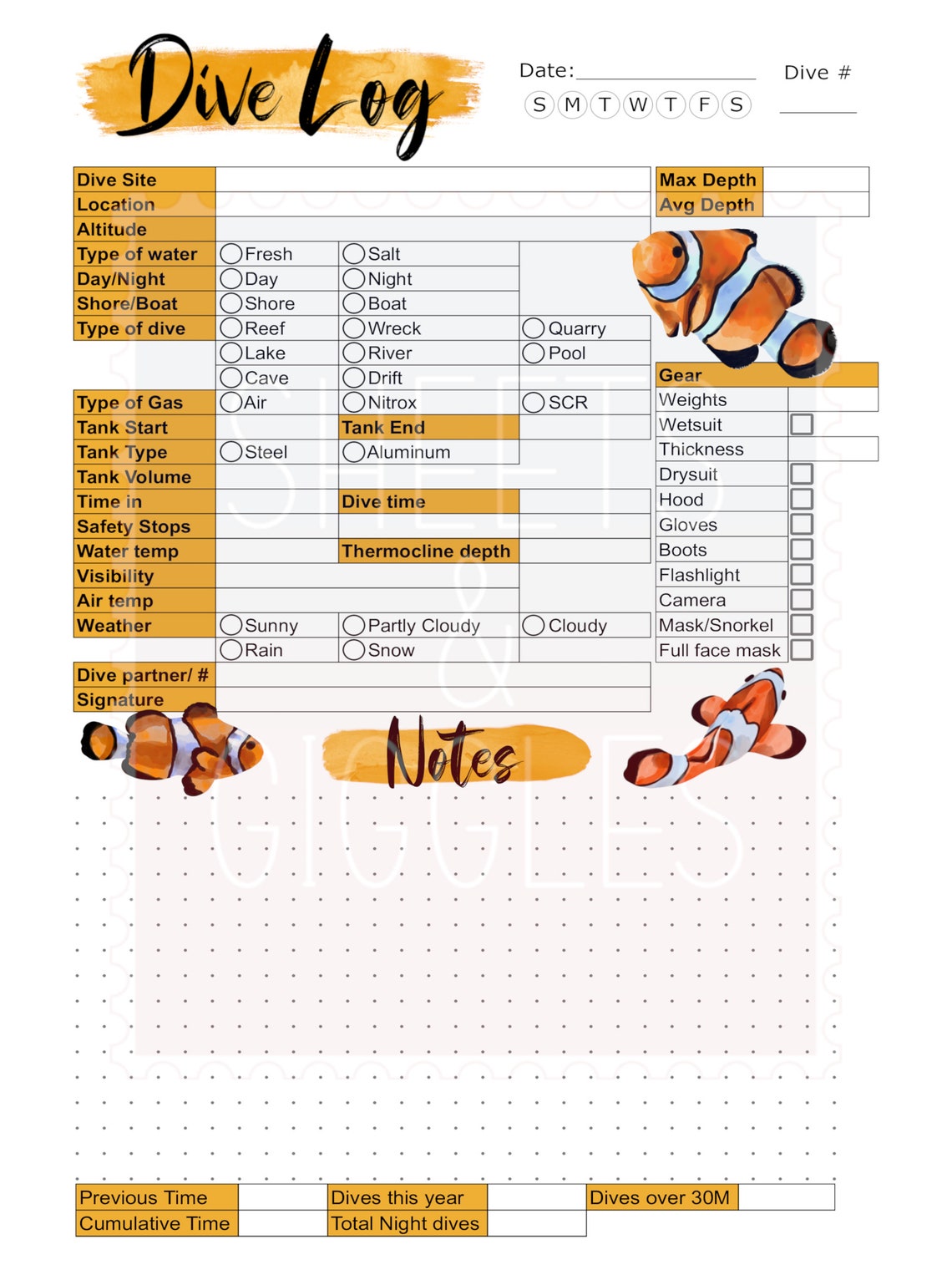 Watercolor Clownfish Printable Dive Log- Instant Download - Etsy