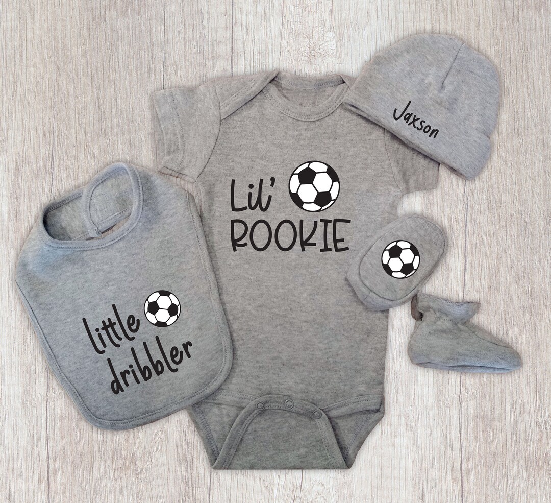 Soccer Baby Set, Lil' Rookie Soccer Bodysuit, Personalized Baby Hat ...