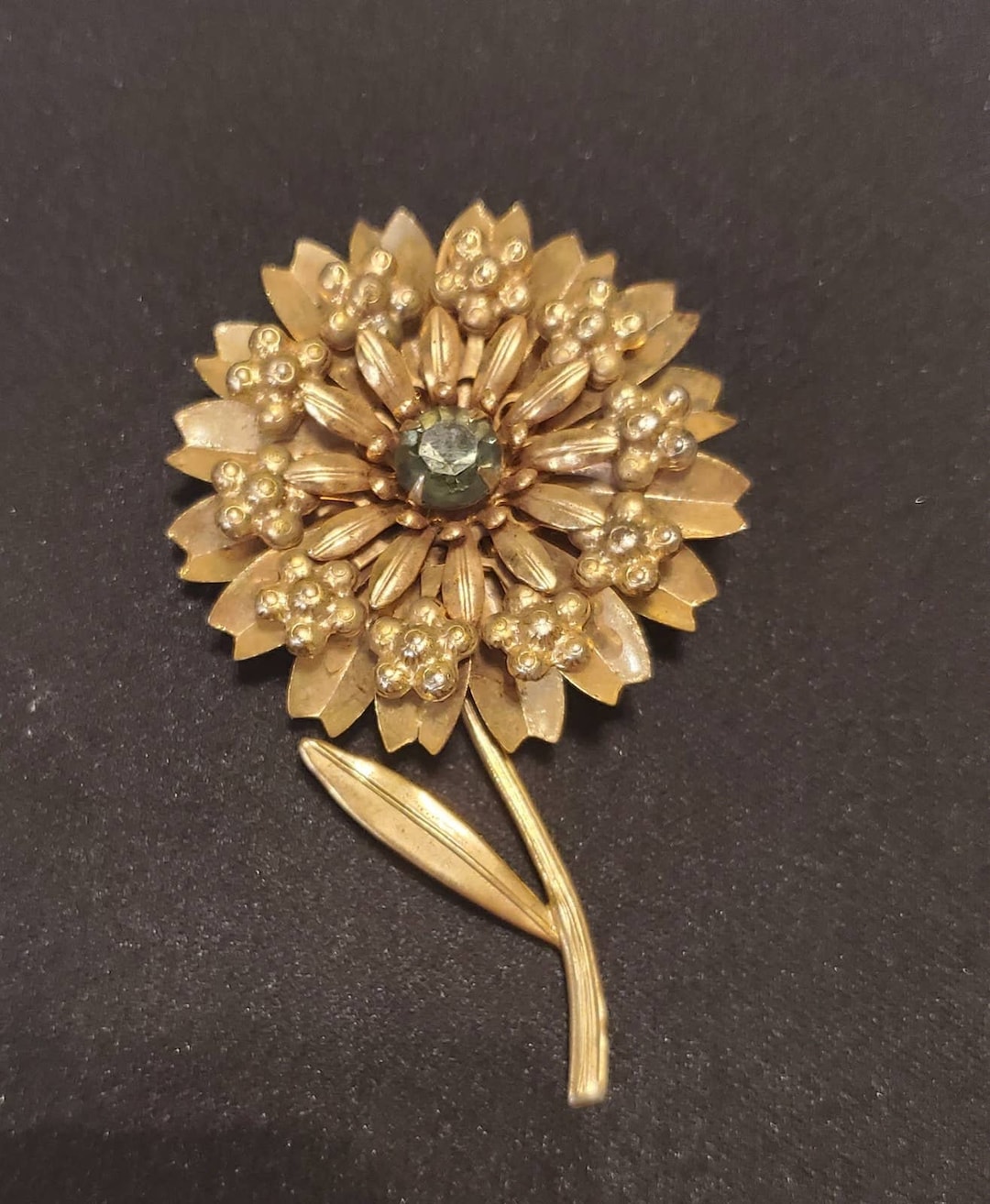 Large Gold Metal Flower Brooch, Layered Floral Pin, Green Glass Flower ...