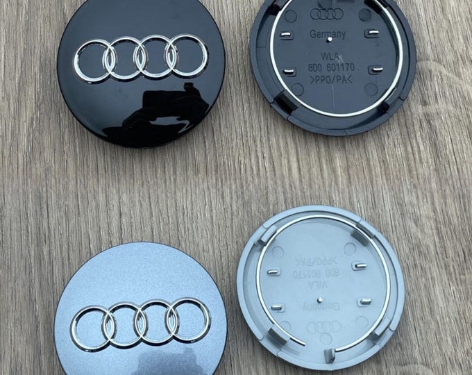 4PC Set Audi 69mm Chrome Black Gray Wheel Rim Center Hub Caps Emblem ...