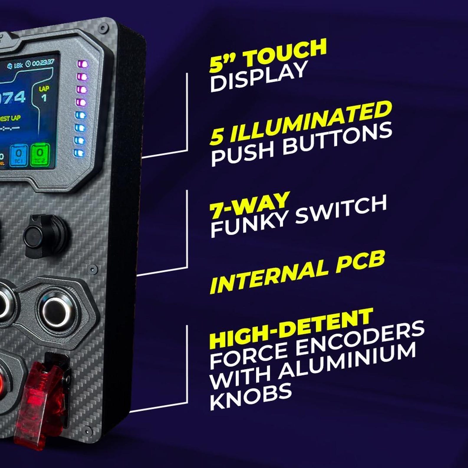 GTE Style Sim Racing Button Box: 5" Display, 16 RGB Leds, 24 In-game ...