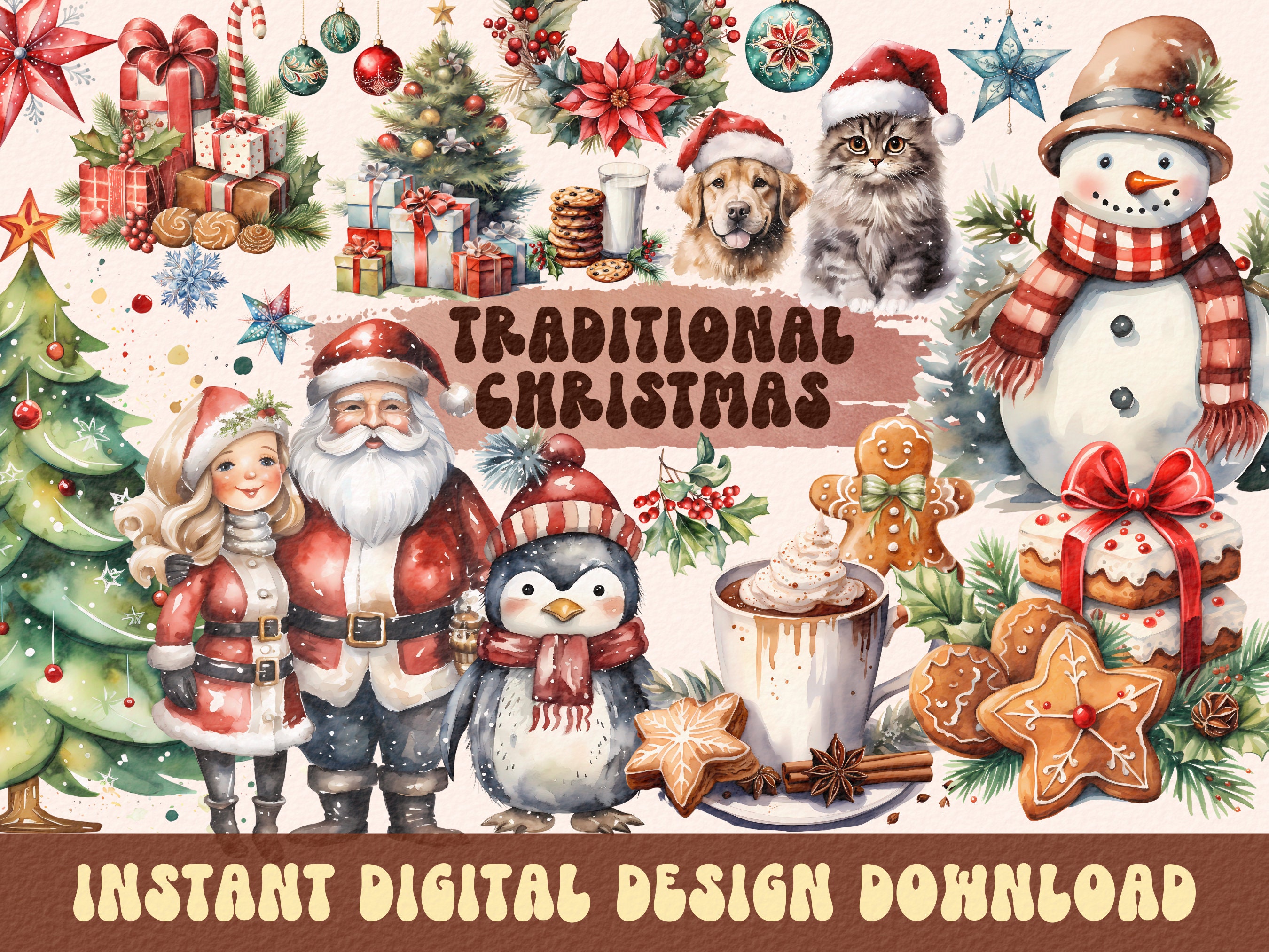 Traditional Christmas Clipart Bundle 150 PNG, Watercolor Christmas ...