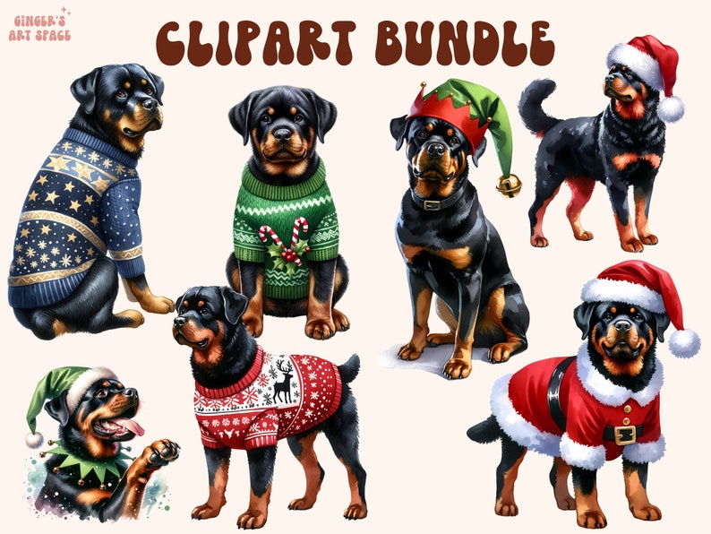 Rottweiler Clipart Bundle, Christmas Rottweiler PNG, Watercolor Rottie ...
