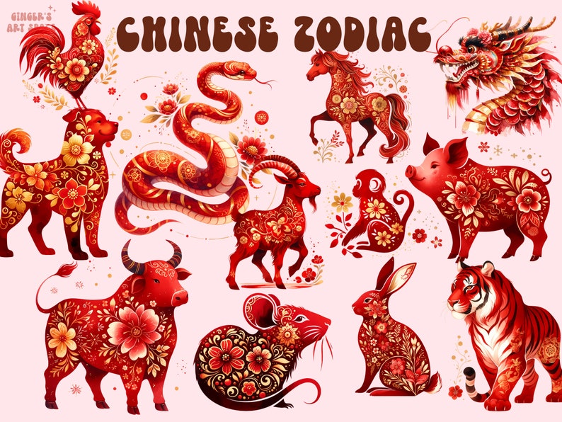 Chinese Zodiac Clipart, Chinese Zodiac Animals, Year of Dragon, Lunar ...