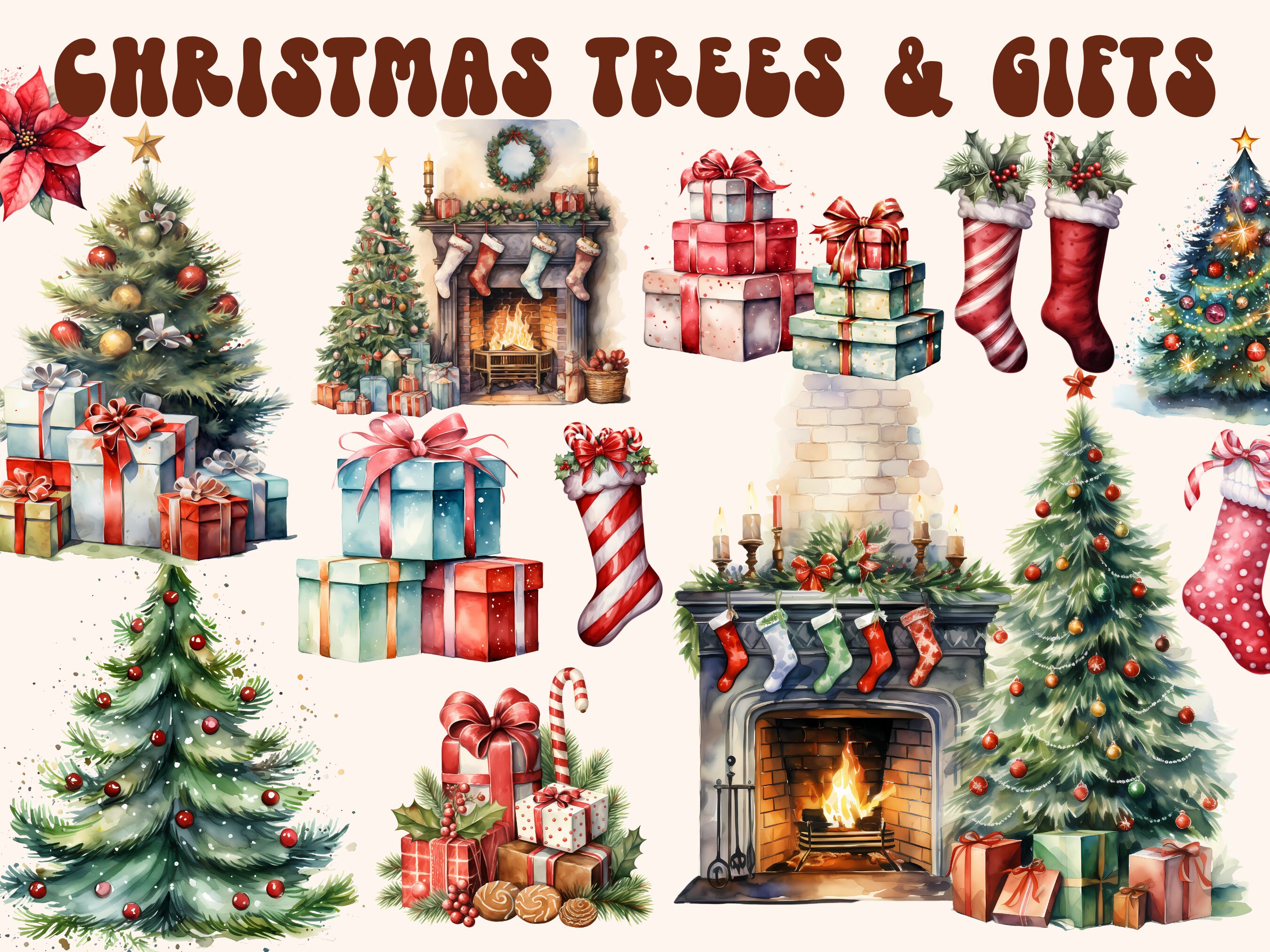 Traditional Christmas Clipart Bundle 150 PNG, Watercolor Christmas ...