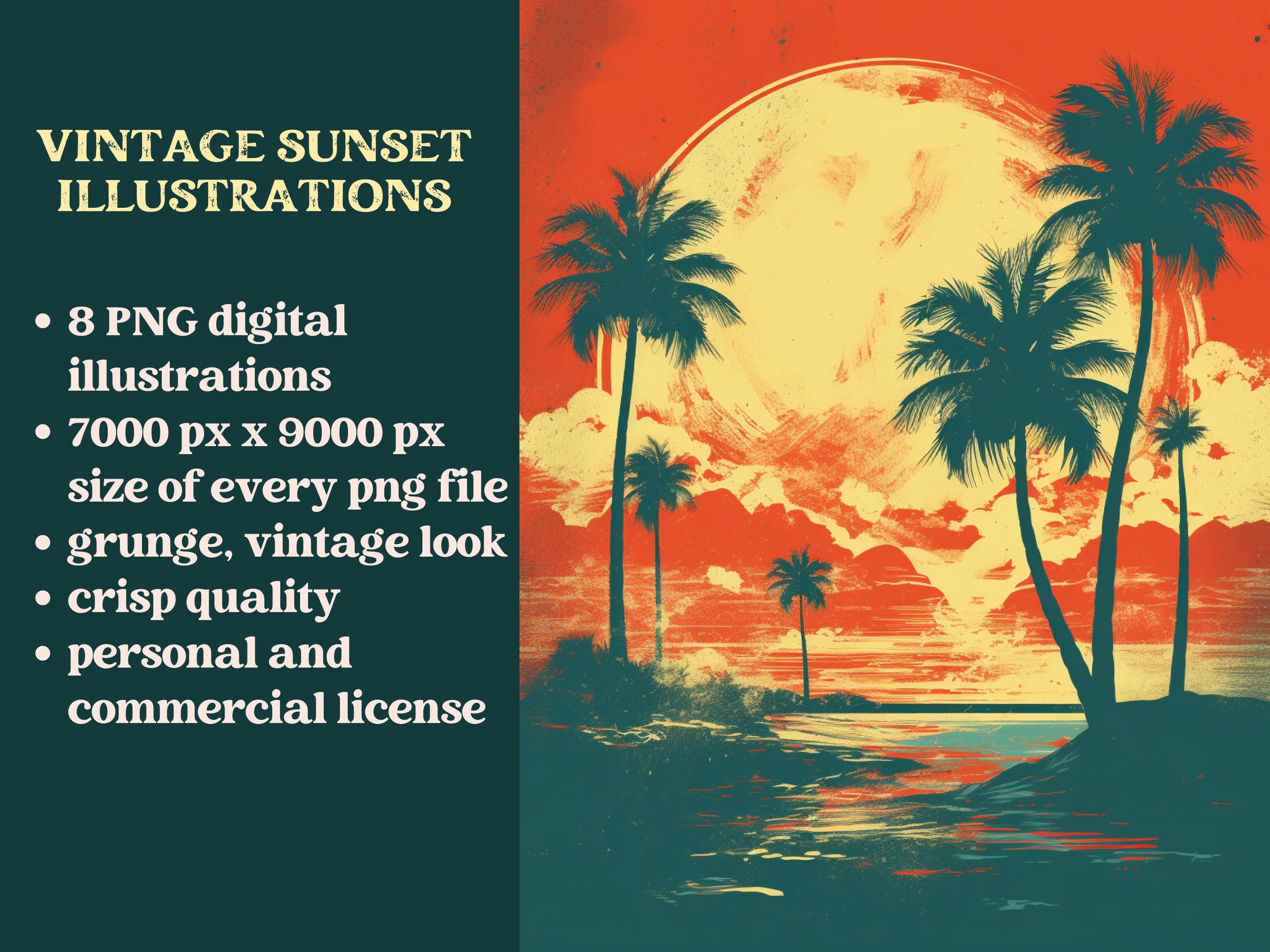 Retro Vintage Sunset, Vintage Sunset Design Bundle, Set of 8, Retro ...