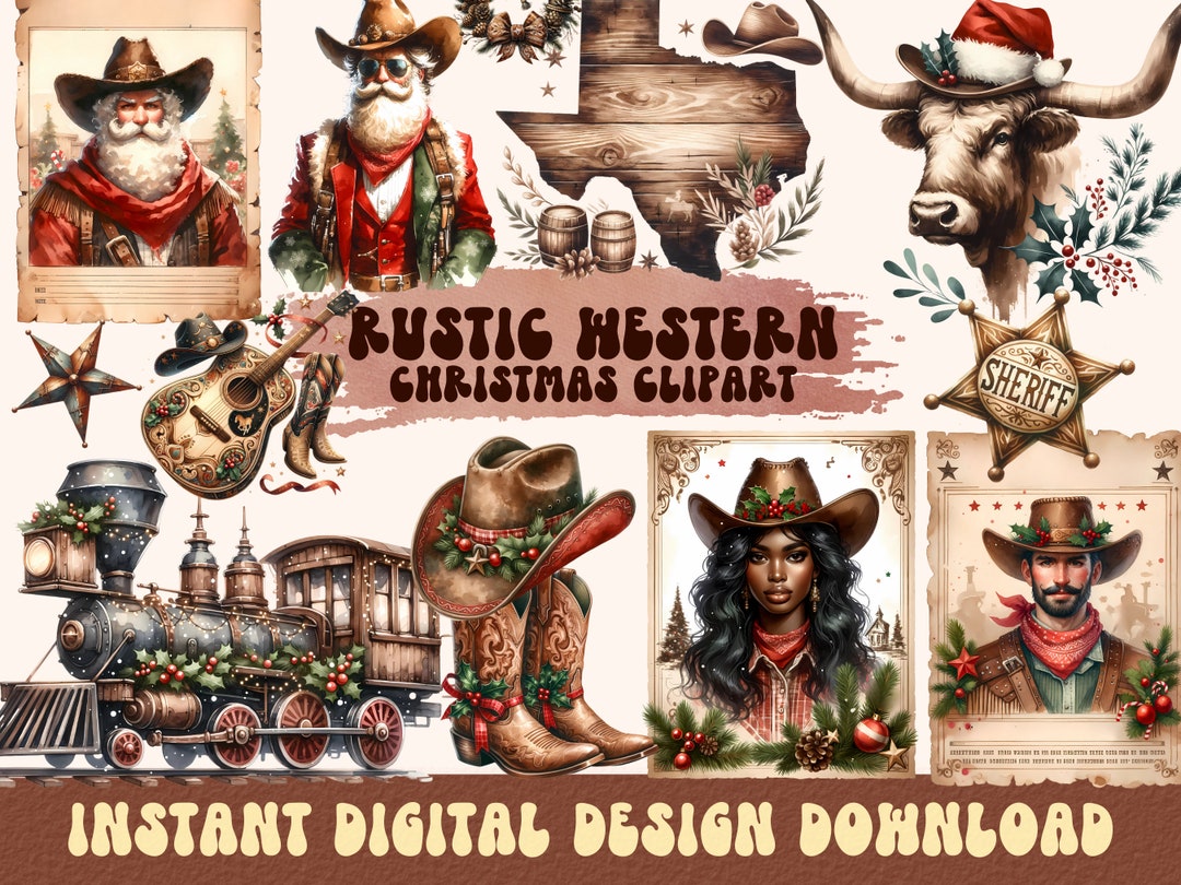 Rustic Western Christmas Clipart, Vintage Christmas Design Bundle, Wild ...