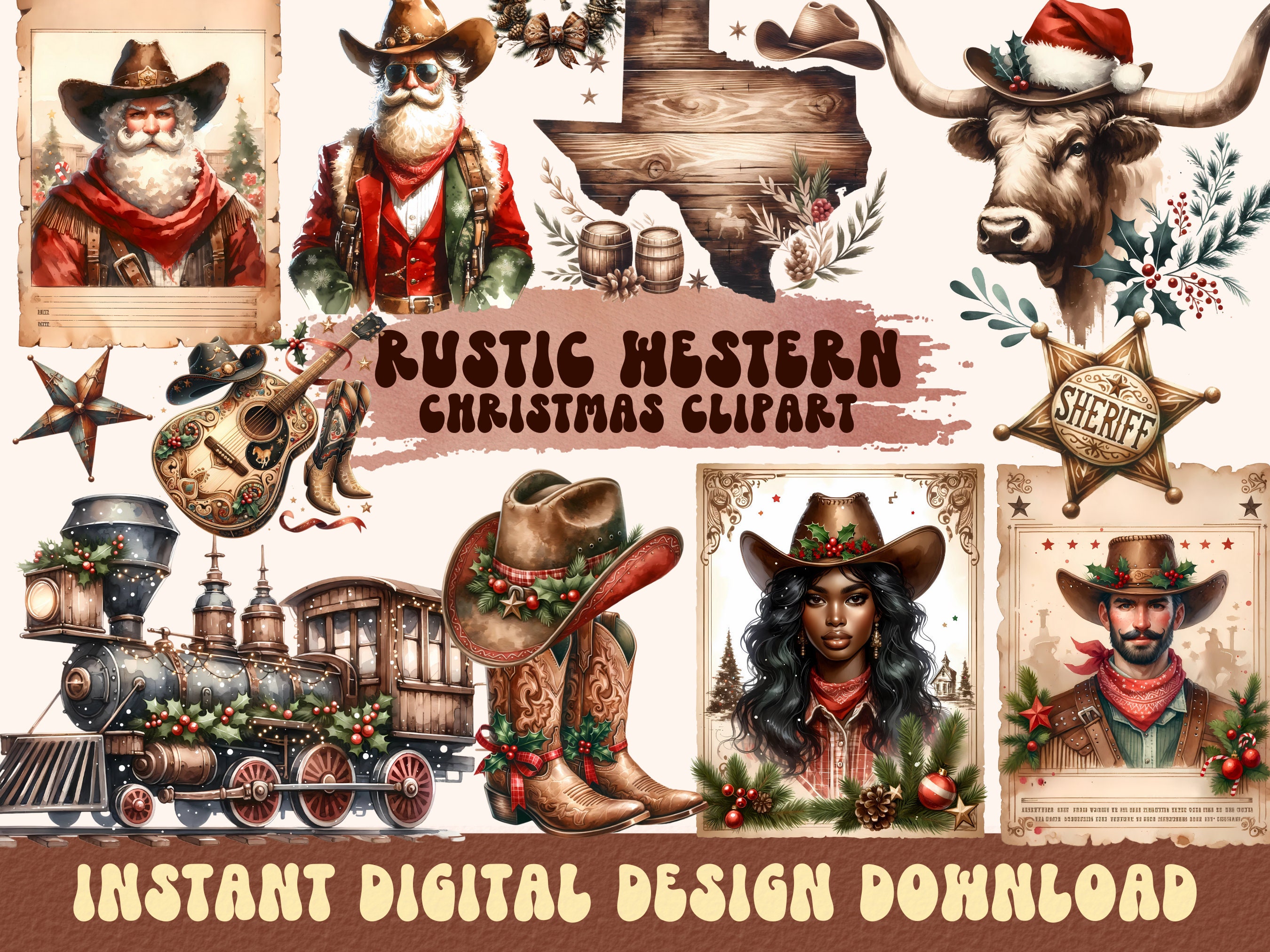 Rustic Western Christmas Clipart, Vintage Christmas Design Bundle, Wild ...